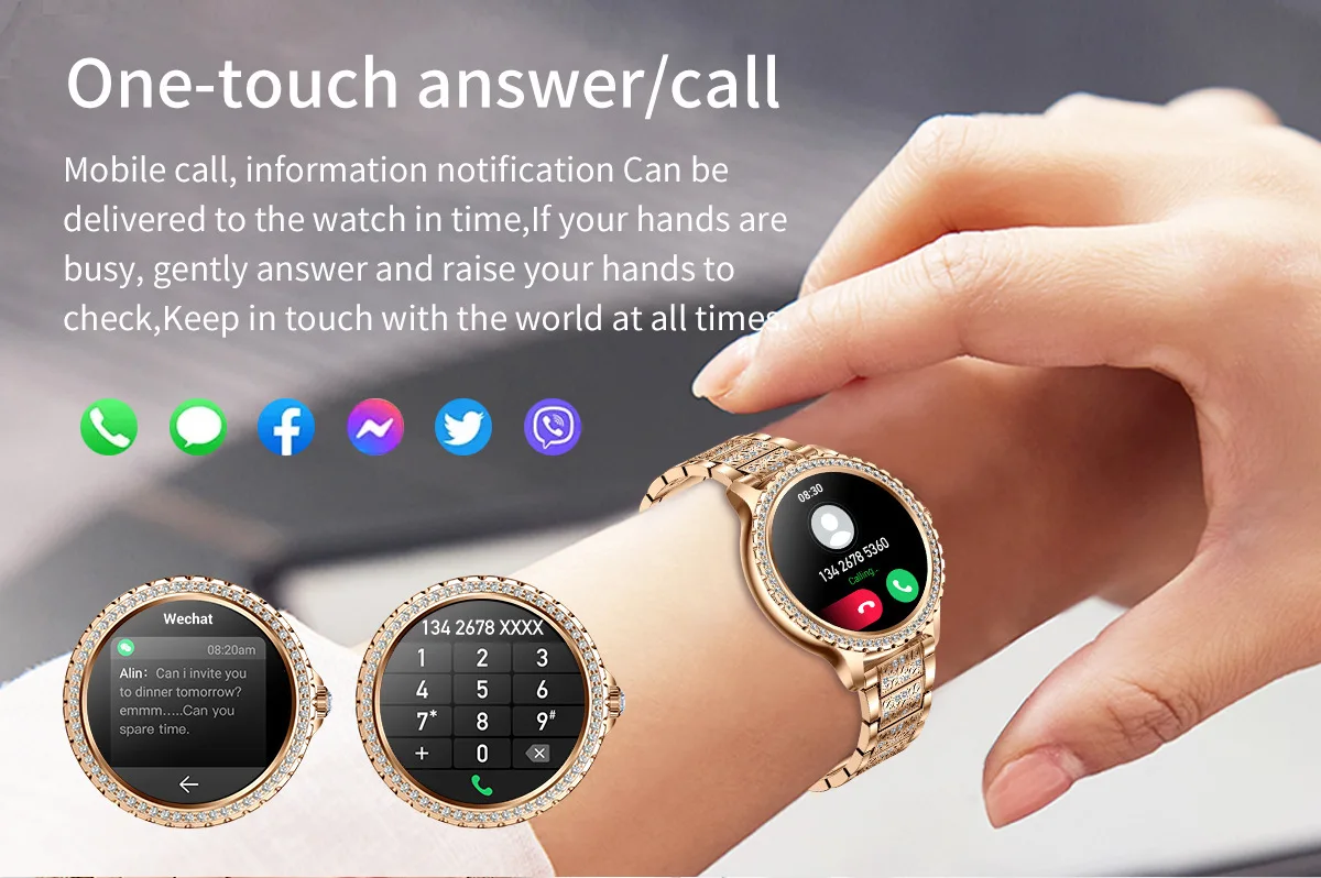 New Lady Smart Watches Diamond-studded Fashion Luxury 1.32" Screen BT ...