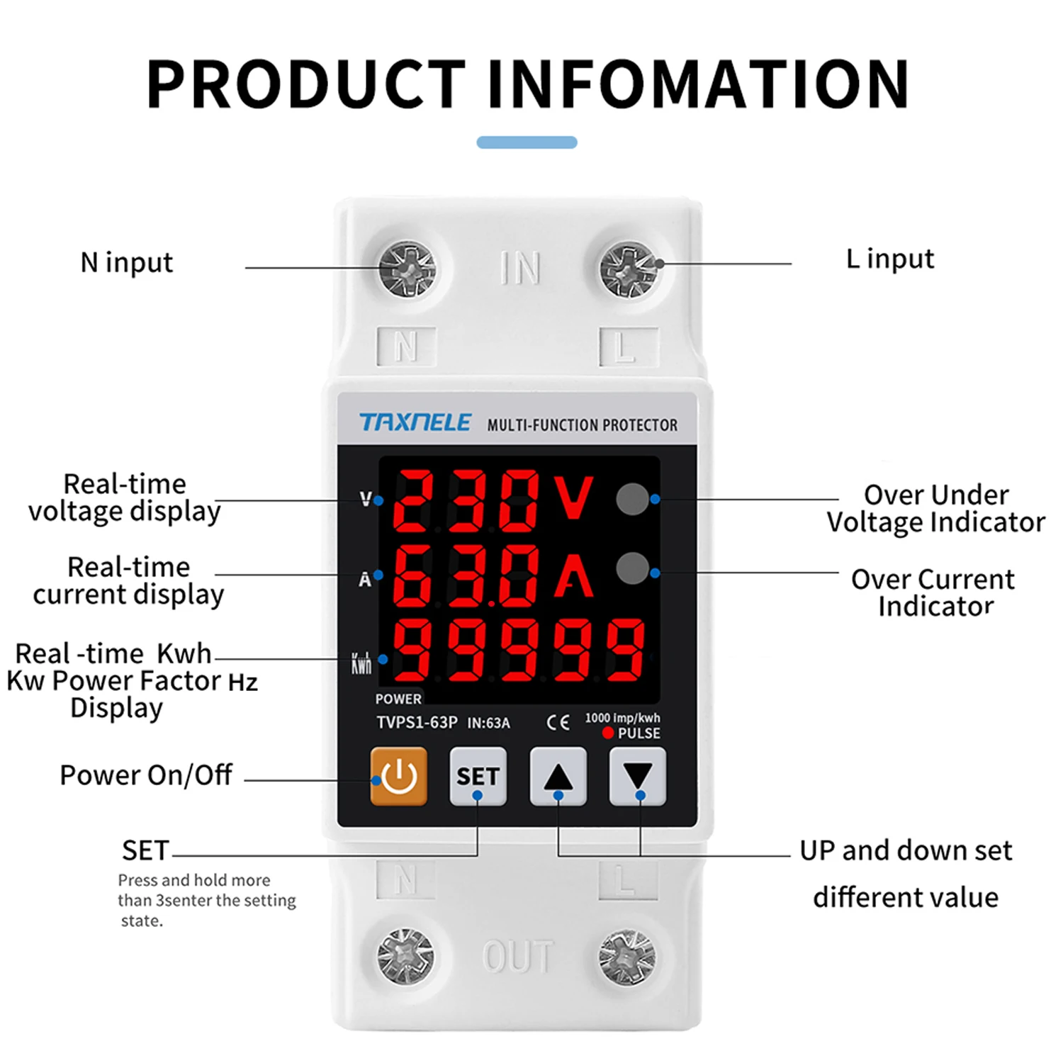 Taxnele 63a 230v 3in1 Display Din Rail Adjustable Over Under Voltage ...