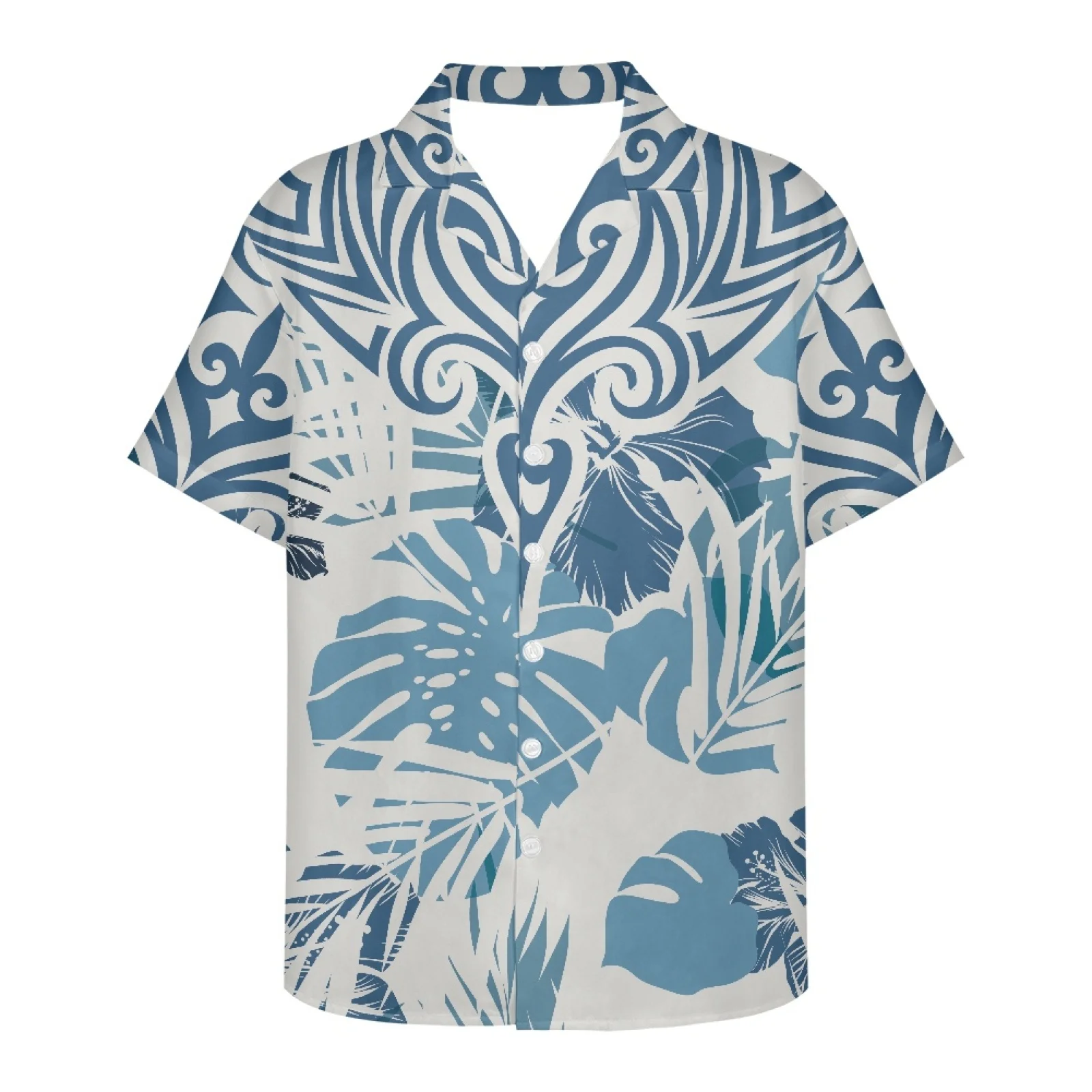 Summer Blue Polynesian Texture Print Beach Wear Short Sleeve Aloha ...