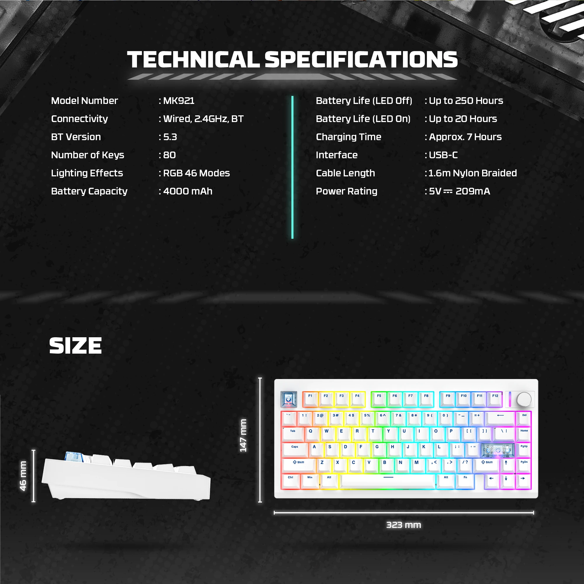 FANTECH MK921 Wireless Gaming Keyboard - 80 Programmable Keys