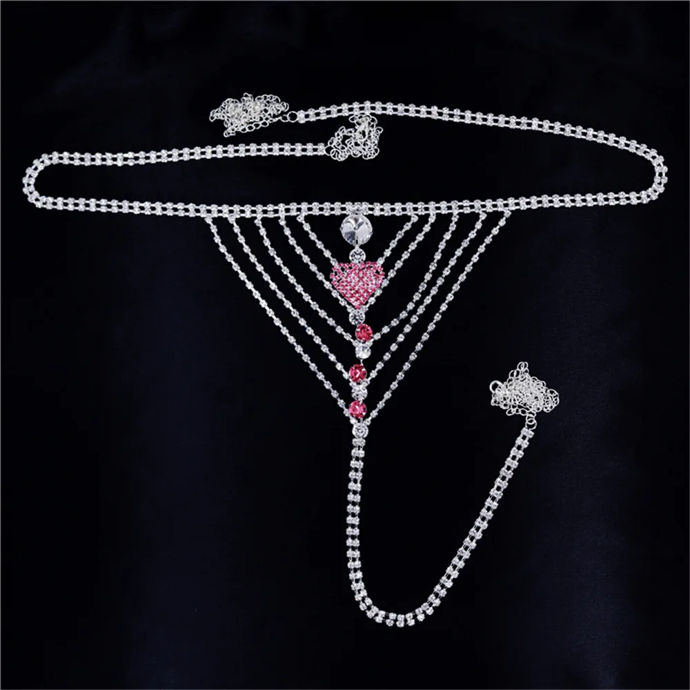 Women Fashion Sexy Pink Rhinestone Heart T Shape Bikini Thong Body