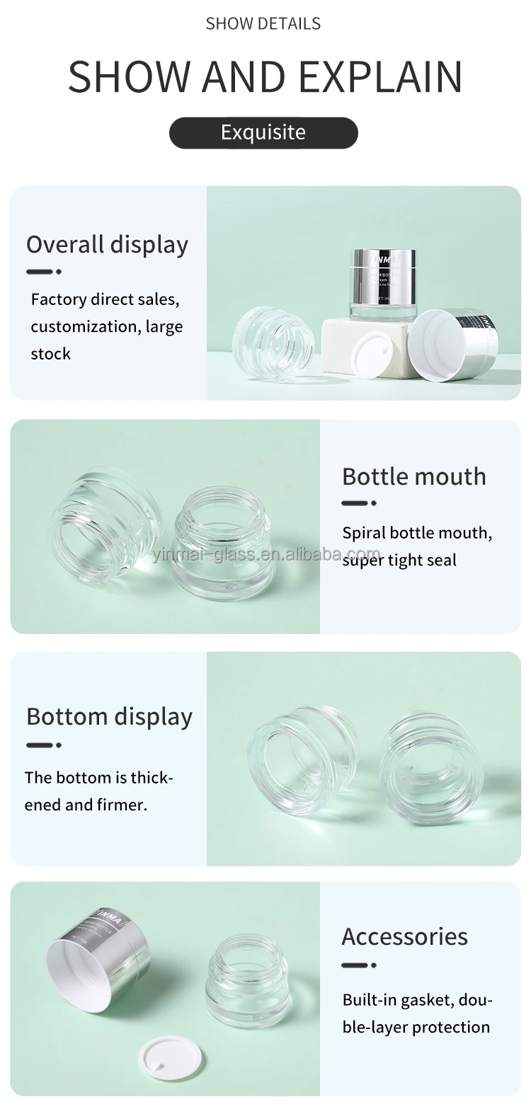 New Cylindrical Beautiful 50g Cosmetic Empty Glass Jar Container For ...