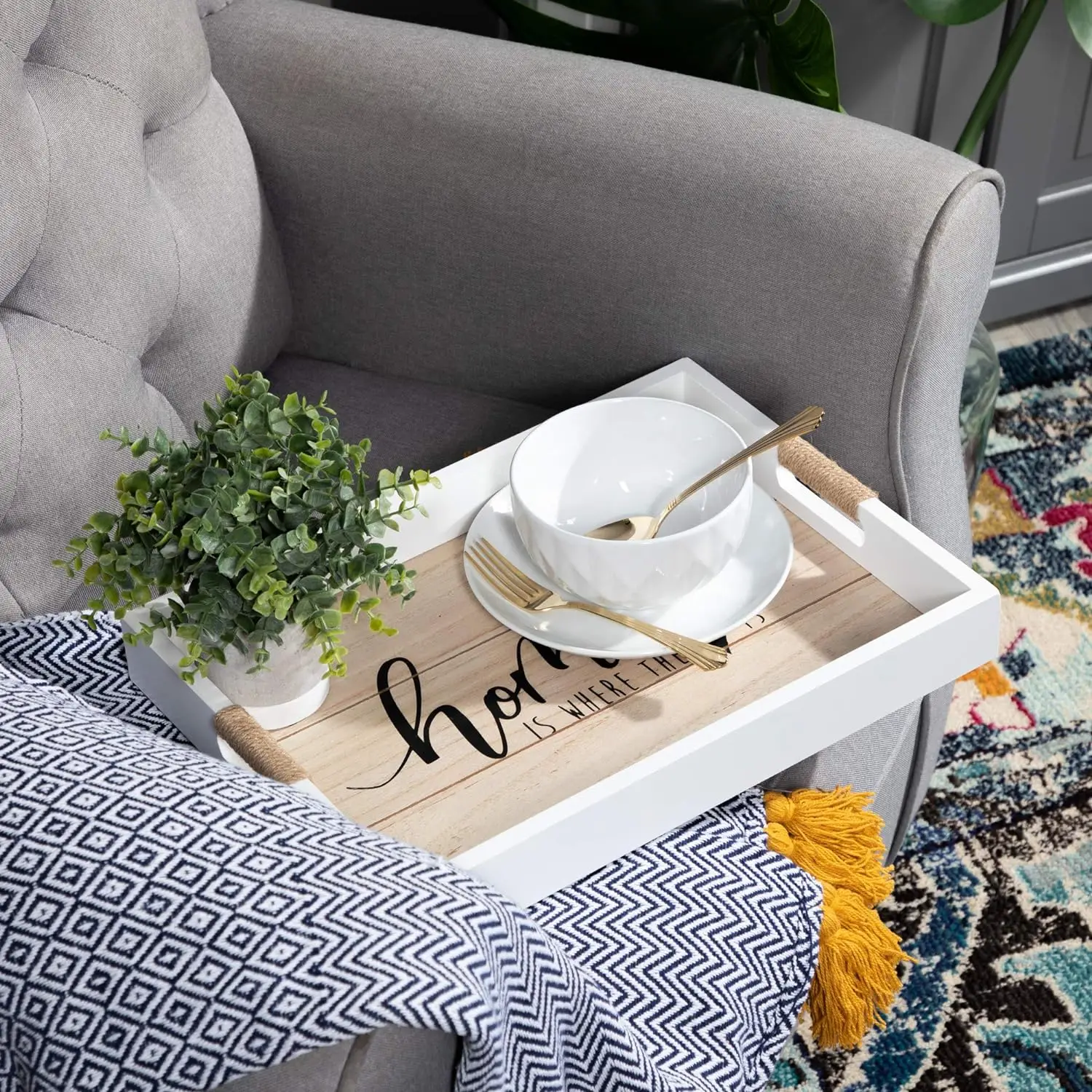 Rustic Wooden Serving Tray With Cut Out Handles Ottoman Coffee Table ...