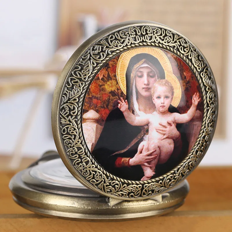 Vintage Classic Large Pocket Watch with Virgin Mary & Jesus Motif