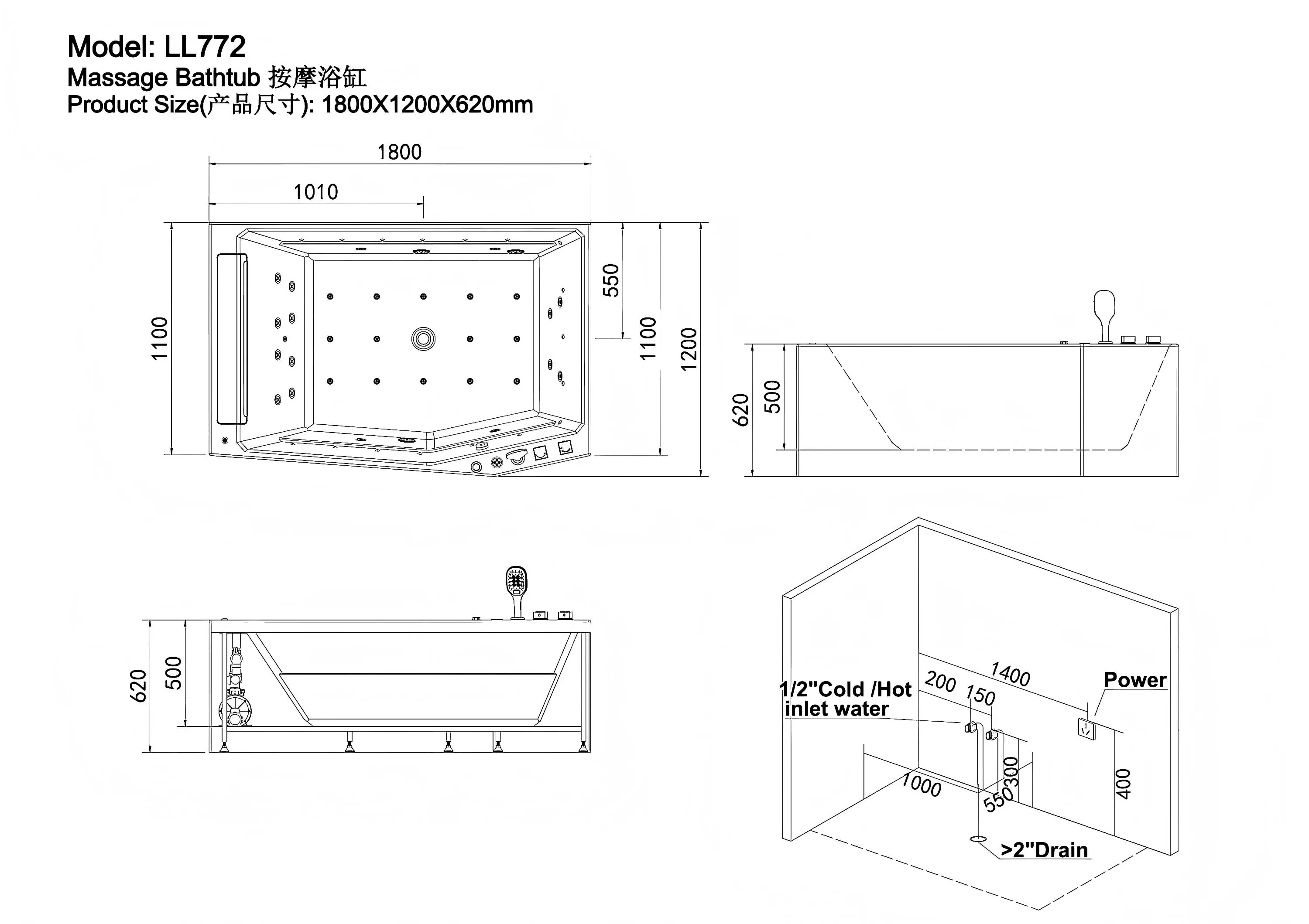 DEWO LL772 Modern Spa Tub with Whirlpool Massage 30 Jets Stainless ...