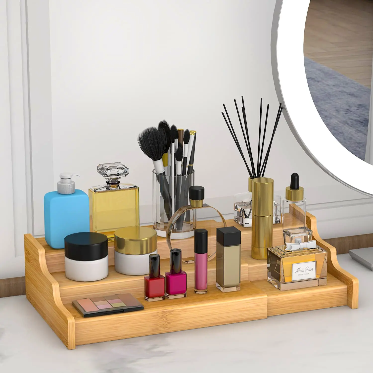 3-tier Expandable Cabinet Step Shelf Spice Holder Organizer Bamboo ...
