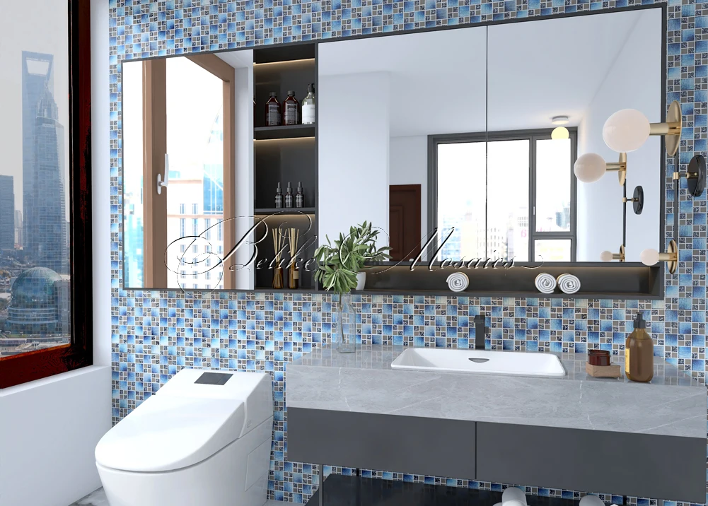 Blue Gradient Tactile Relief Glass Mosaic Wall Tile Elegant Ambience ...