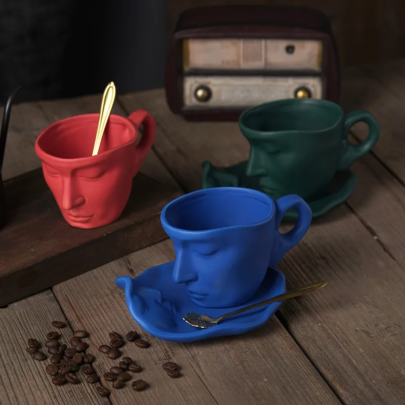 Unique Face Shape Ceramic Cup And Saucer Kiss Coffee Cup Set Afternoon ...