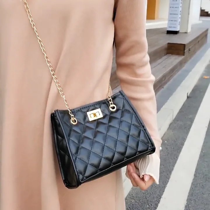 New Small Square Diamond Lattice Bag Pu Solid Zipper Fashion Single ...