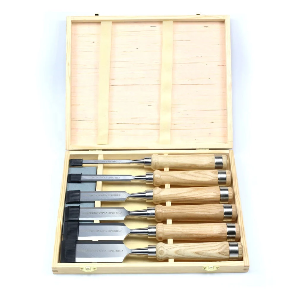 6pcs Straight Flat Wooden Handle Wood Chisels With Wooden Case Packing ...