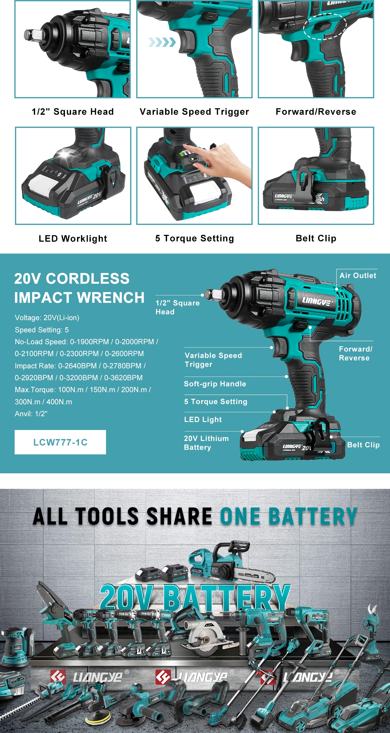 Li-ion Battery Powered Tool 1/2 Impact Wrench High Torque Cordless ...