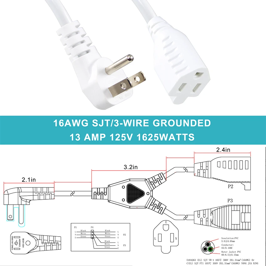 Right Angle Nema 5-15p Indoor Extension Cord Nema 5-15r Outlet Y Branch Splitter Extender Cable ...