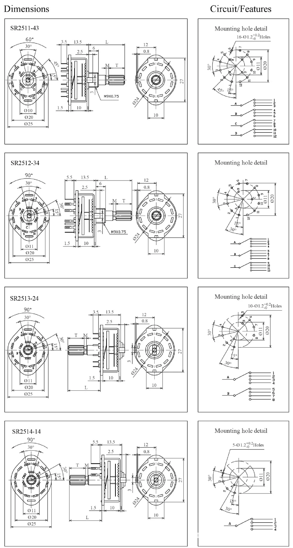 RS25 Rotary Band Switch - 2-Pole 6-Position Mechanical Life 10000 Times