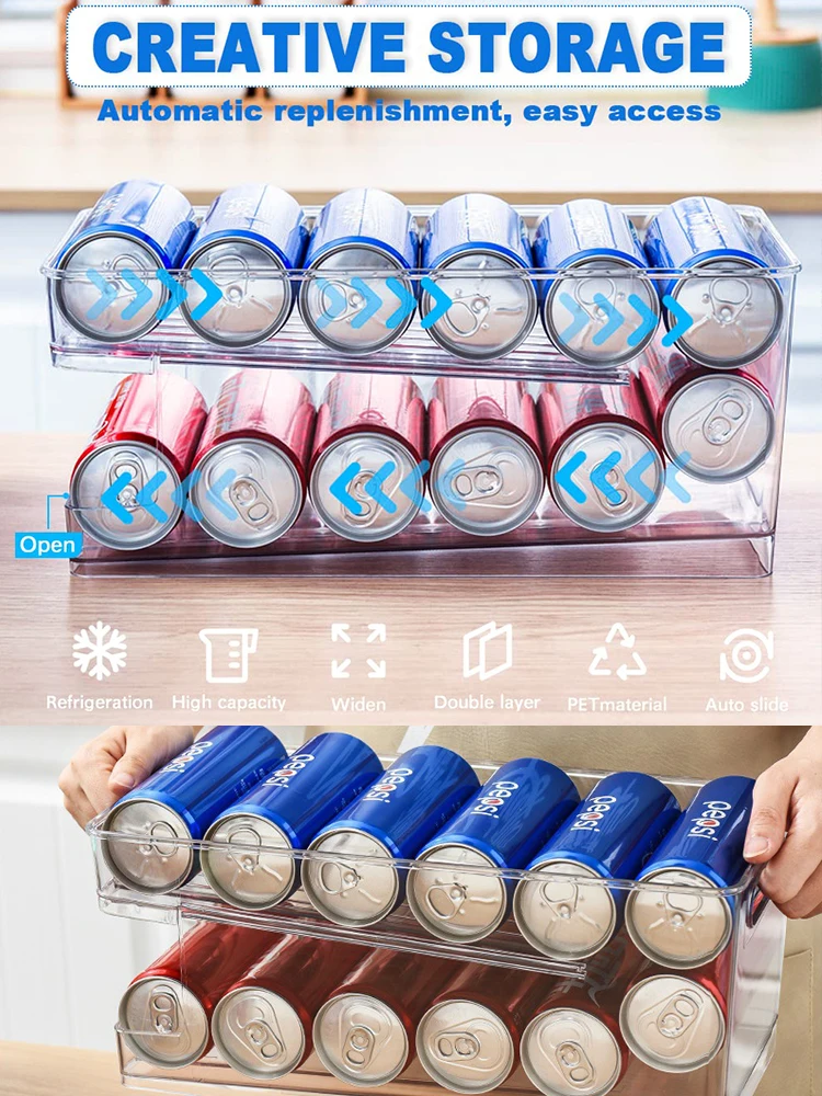 Kitchen Automatic Rolling Soda Can Dispenser Plastic Fridge Beverage ...