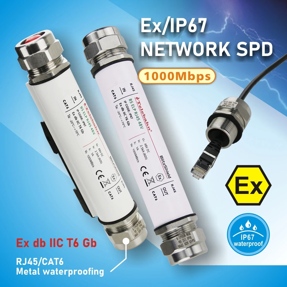 Ethernet Surg Protector Ex IP67 5V/48V 2.5kA/10kA CAT6 RJ45 for POE ...