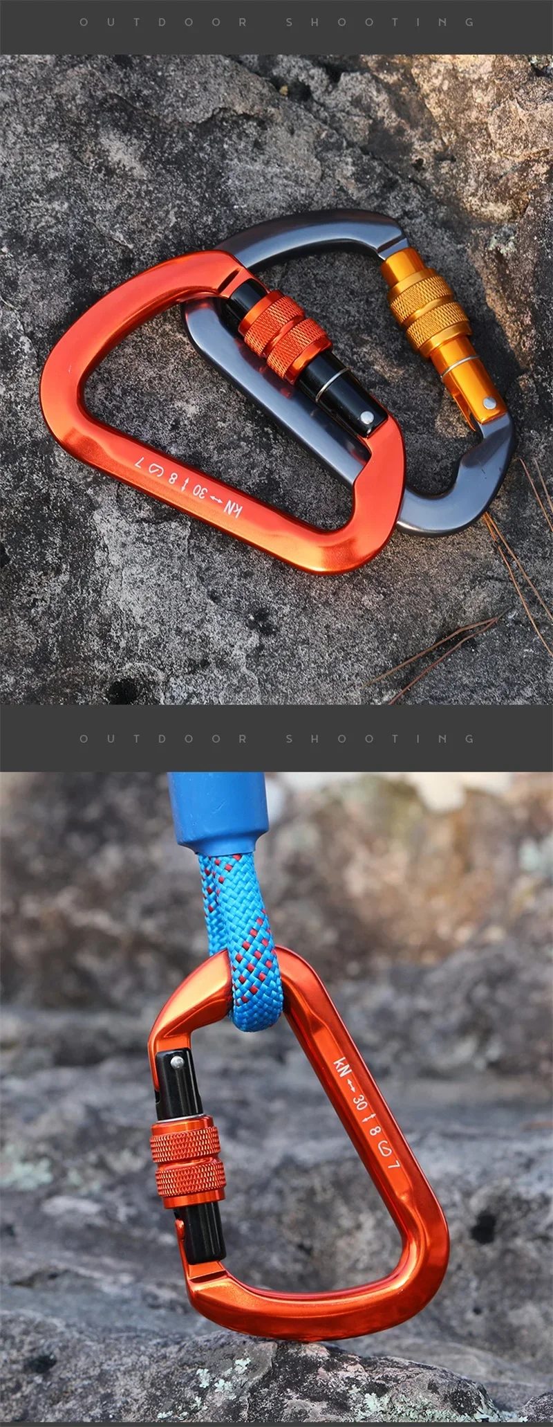 D-shaped Screw Locking and Auto Locking Carabiners 30kN for Rock ...