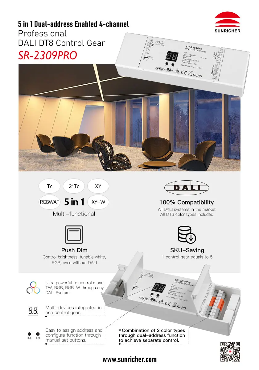 Sunricher 6 in 1 DT8 DC LED Controller DALI-2 Tc RGBWAF XY DT6 OLED ...