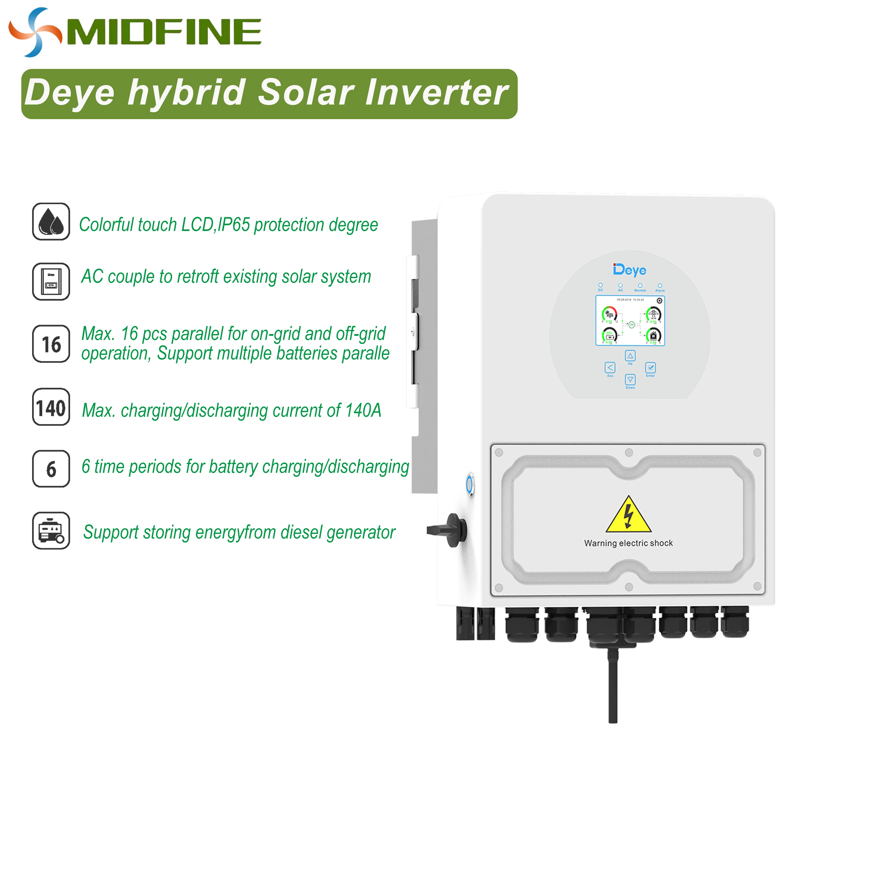 Midfine Hybrid System 3kw 5kw 6kw 8kw 10kw 12kw 16kw Battery for Solar ...
