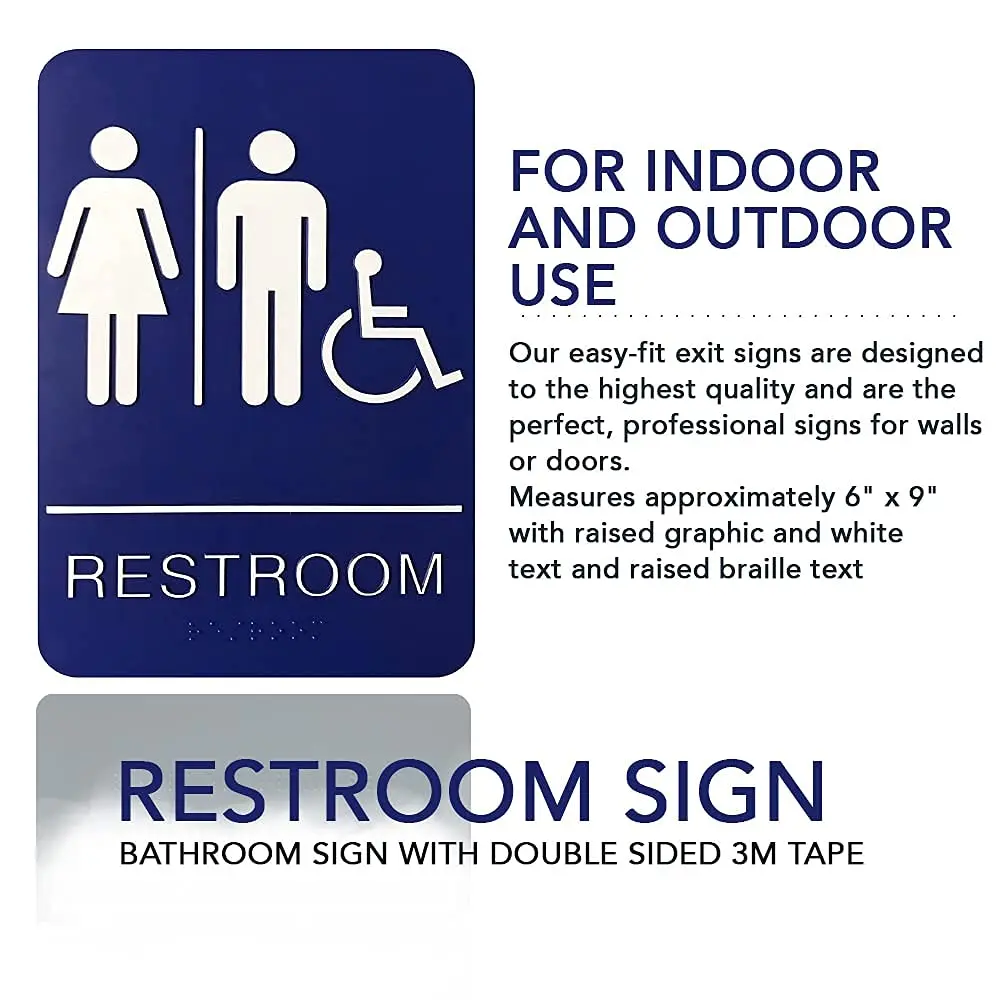 Unisex Braille Restroom Sign - Blue Bathroom Sign With Double Sided ...