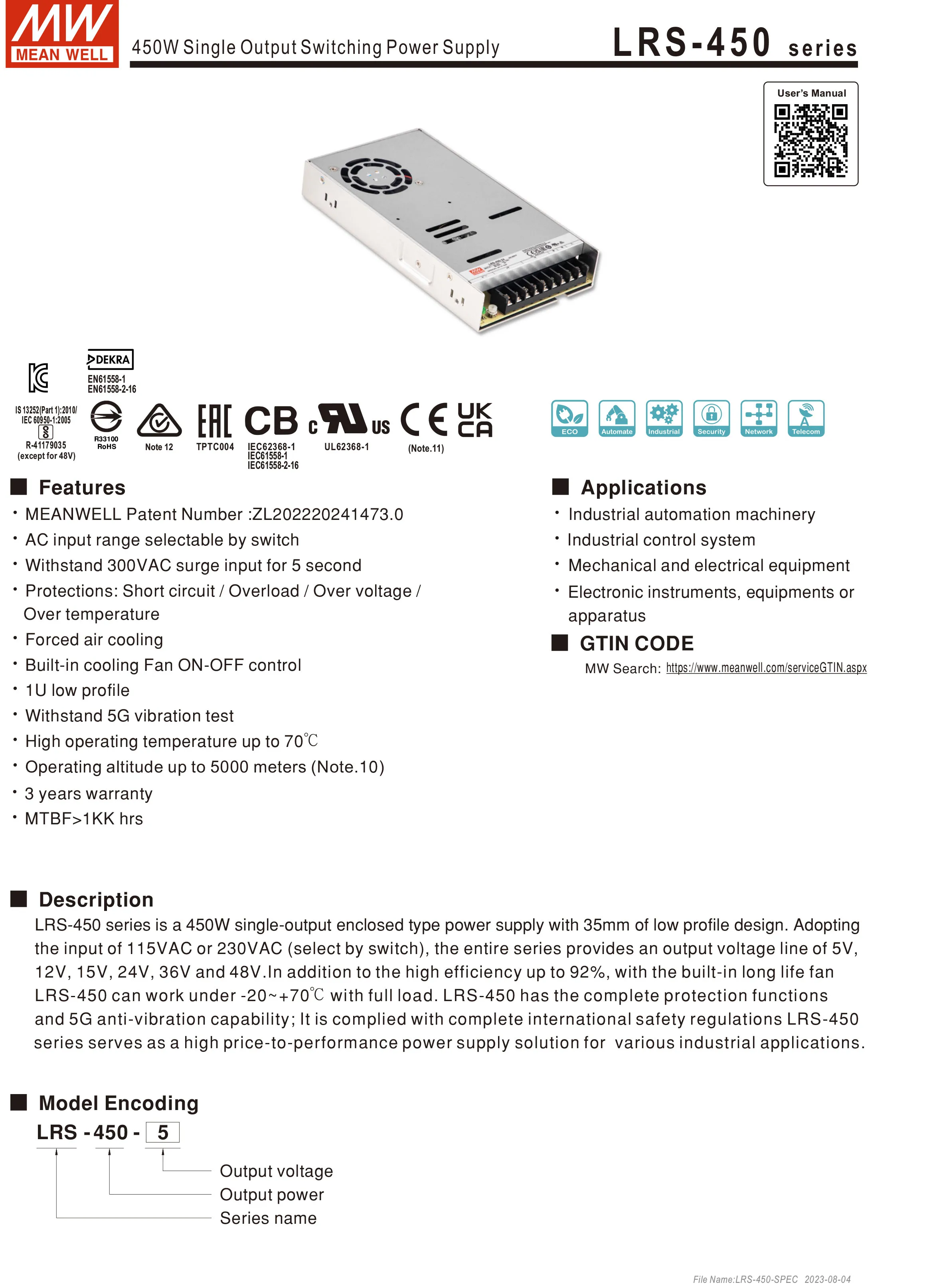 Meanwell Lrs-450-24 24v Dc 18.8a Mw Lrs Series Switching Power Supply In Low Price - Buy ...