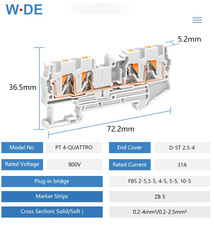 Din Rail Terminal Block Pt4-quattro 4 Conductor Push In Spring ...