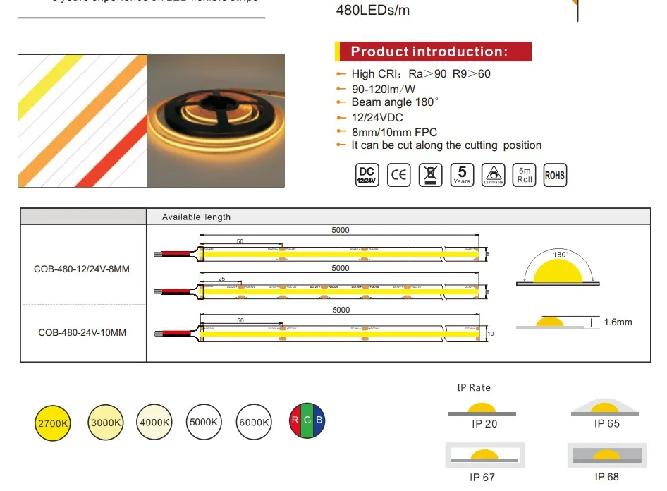 Cob Led Strip Light Rgb,16.4ft/5m Dimmable Led Strip Kits,4200 Leds ...