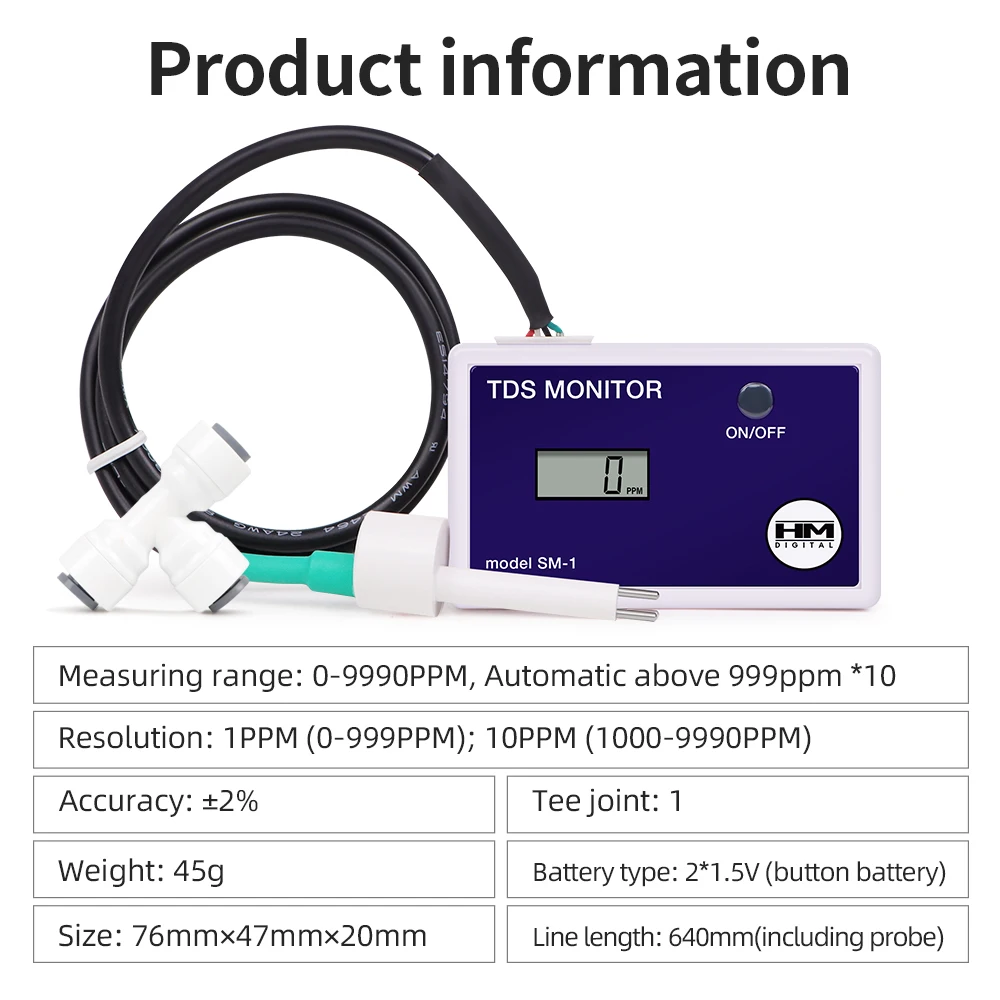 SM1 Tee Interface TDS Online Detector 0-9990ppm TDS Water Quality ...