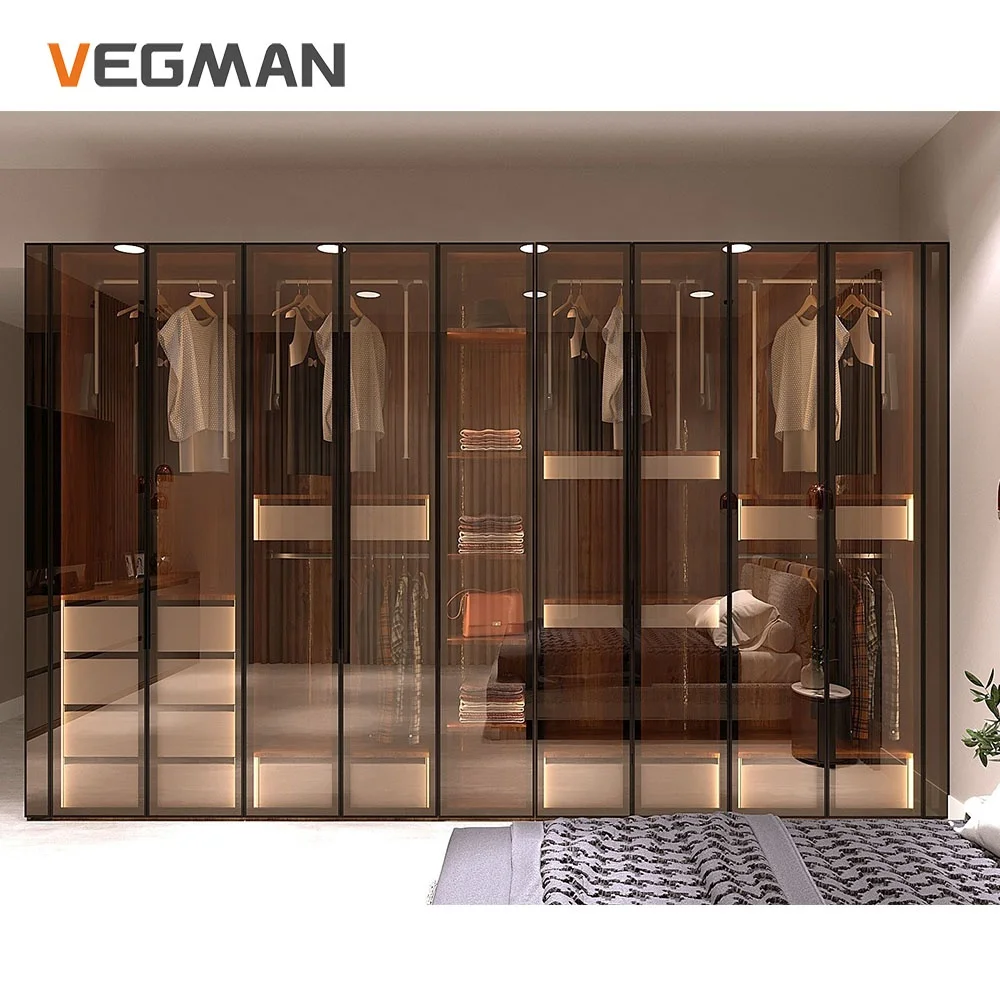 Custom L Shape Modern Bedroom Glass and Wooden Wardrobe