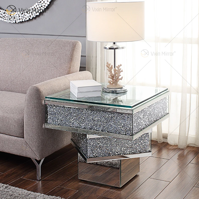 Vxin Wxf-158-1 3d Crushed Diamond End Table Silver Mirror Tempered ...