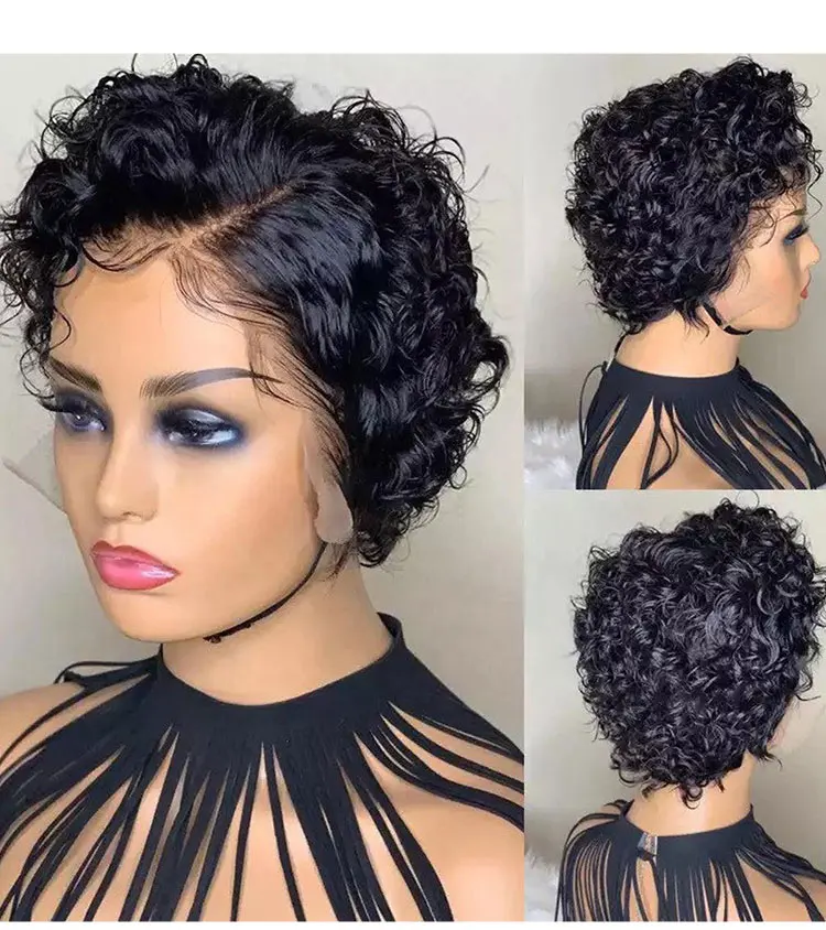 Perruque Pixie Cut Wig - Human Hair Curly Bob Short Pixie