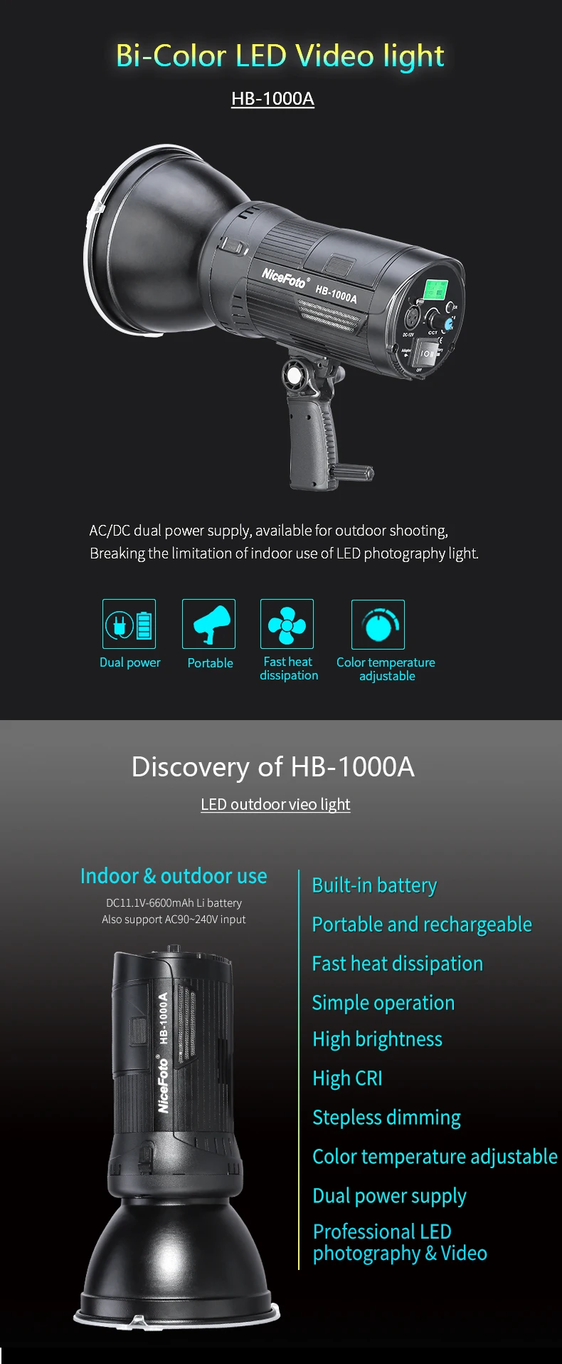 Hb-1000a Nicefoto 100w Battery Powered Bi-color 3200- 6500k Led Video ...