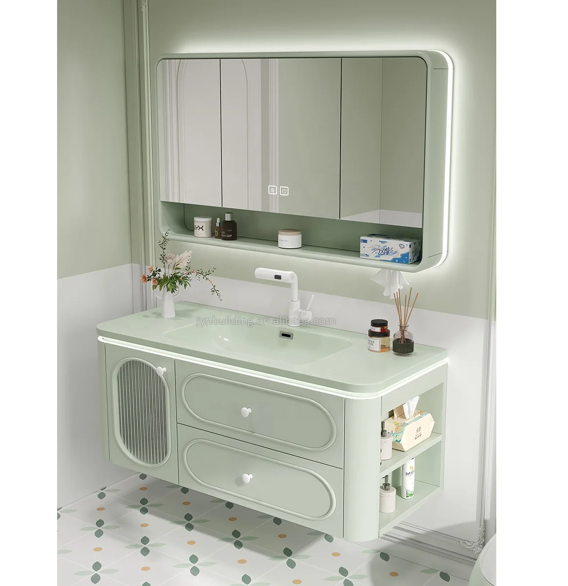 Avocado green bathroom cabinet combination washbasin ceramic integrated ...