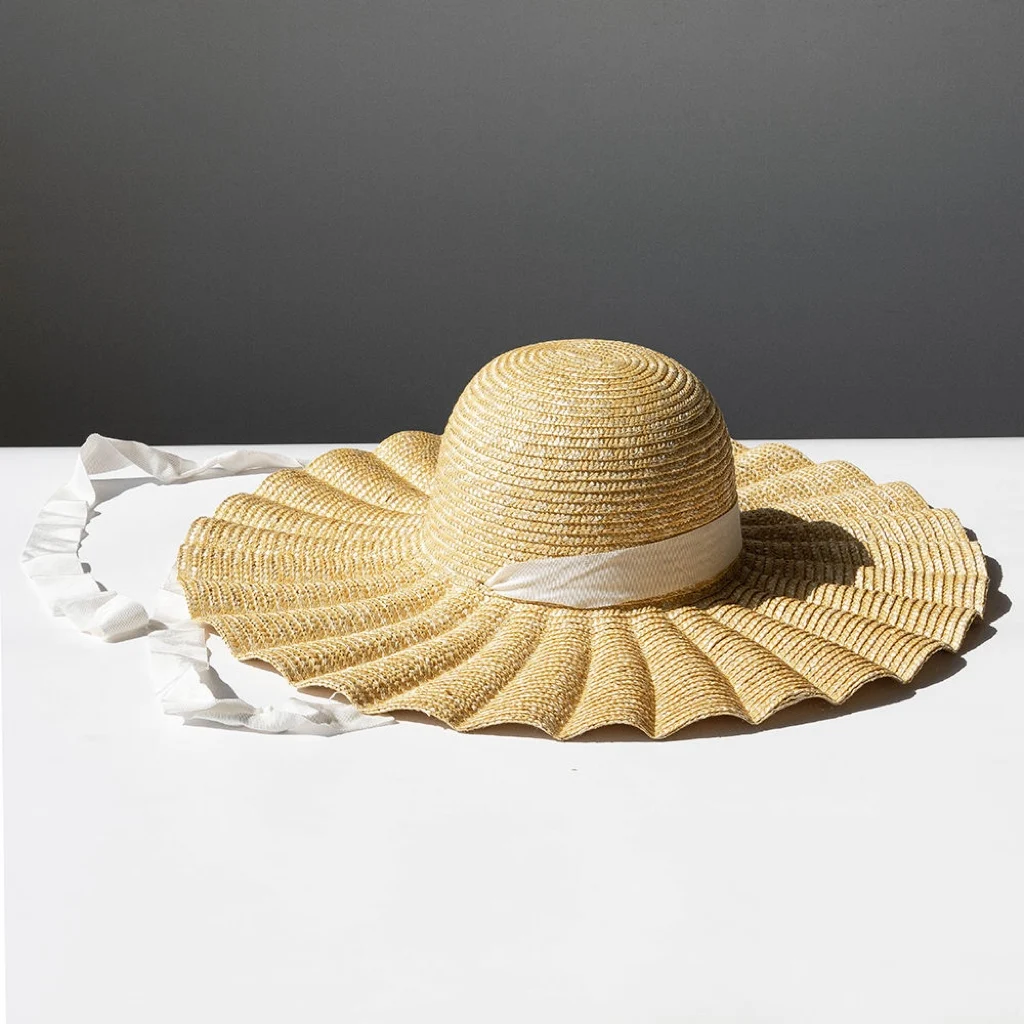 Large Wavy wide brim Ribbon Straw Hat Summer Hats for Women Ribbon Chin ...