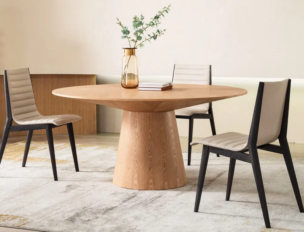 Simple Round Dining Table - Modern Walnut Veneer Design