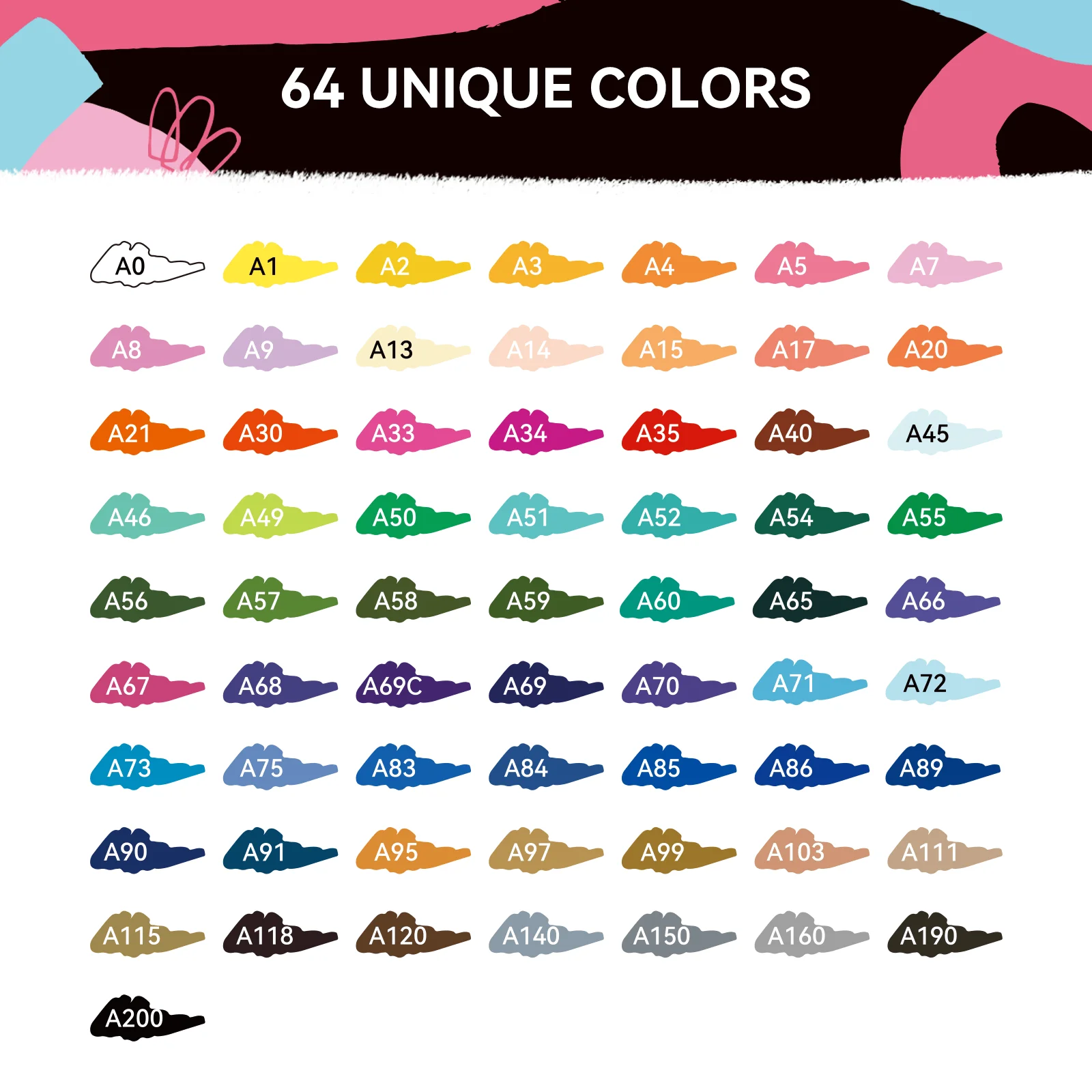 Arrtx AACM-03-64C Acrylic Markers - 64 Colors, Dual Tip