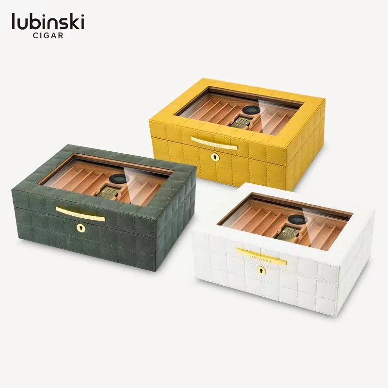 LUBINSKI Mini Cedar Wood Humidor - Classic Leather & Glass Cigar Case ...