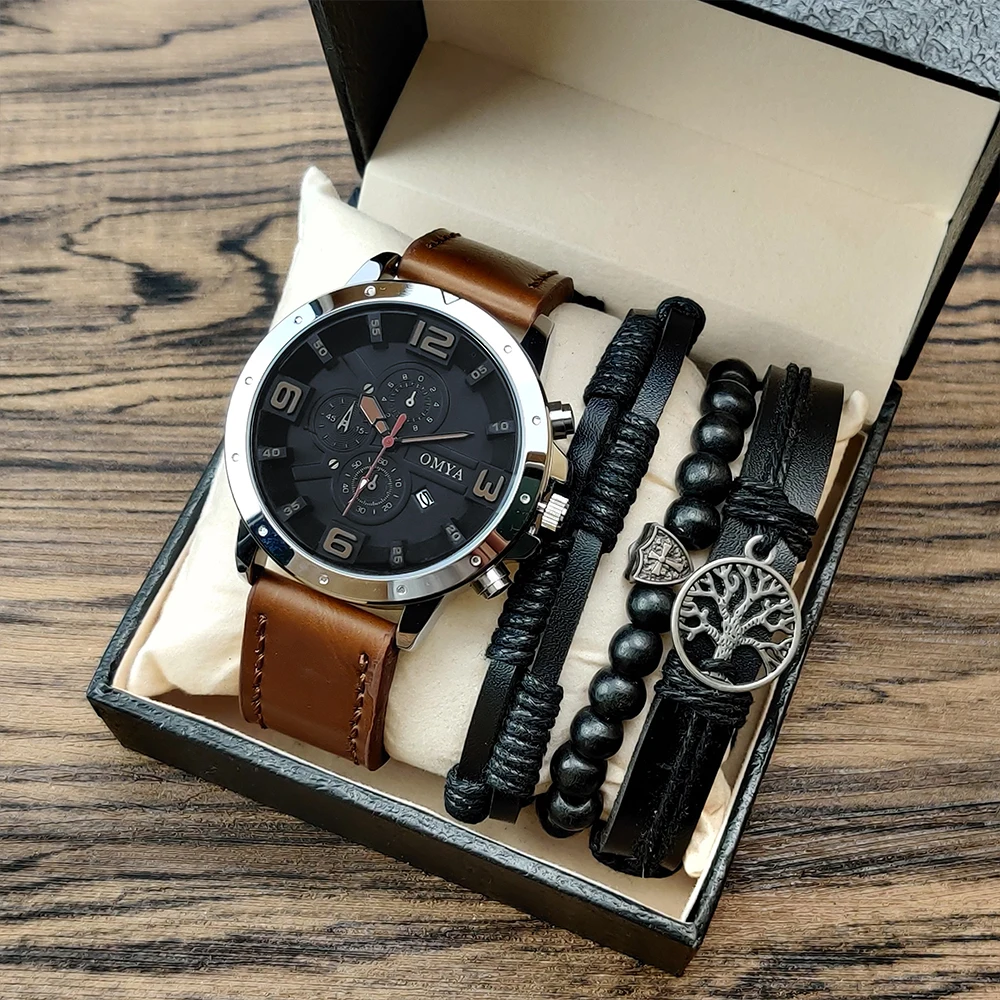 Fashion Leather Men Watch 5 Pcs/set Bracelet Gift Box For Men Watches ...