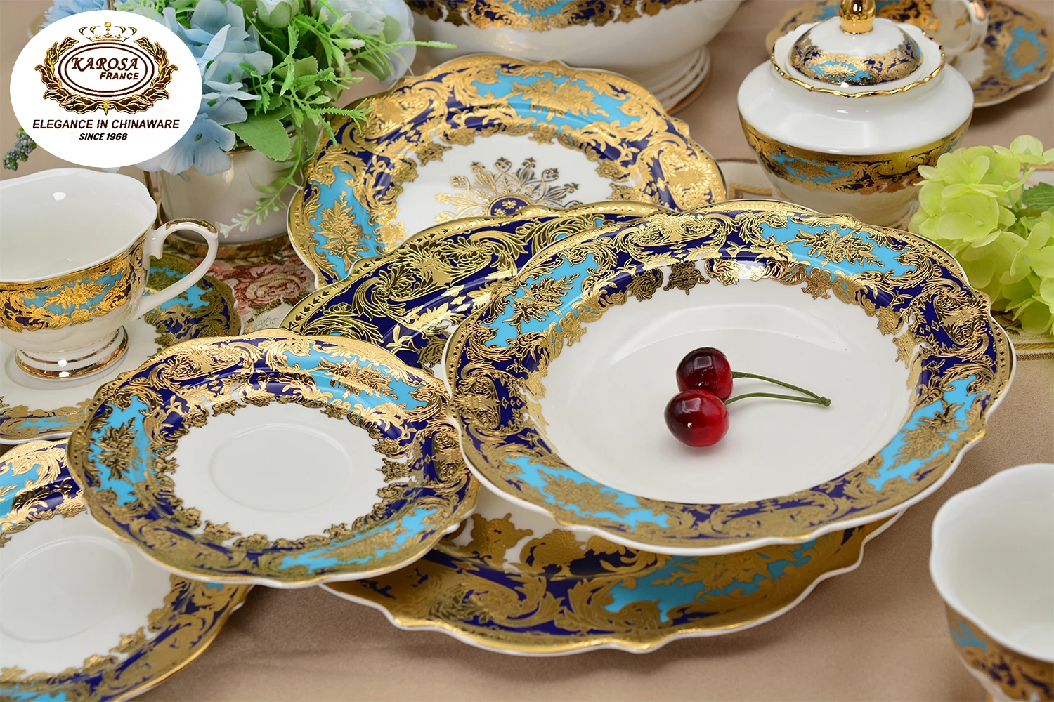 Karosa Design 98 Pcs Bone China Dinnerware Set - Luxury Embossed Gold ...