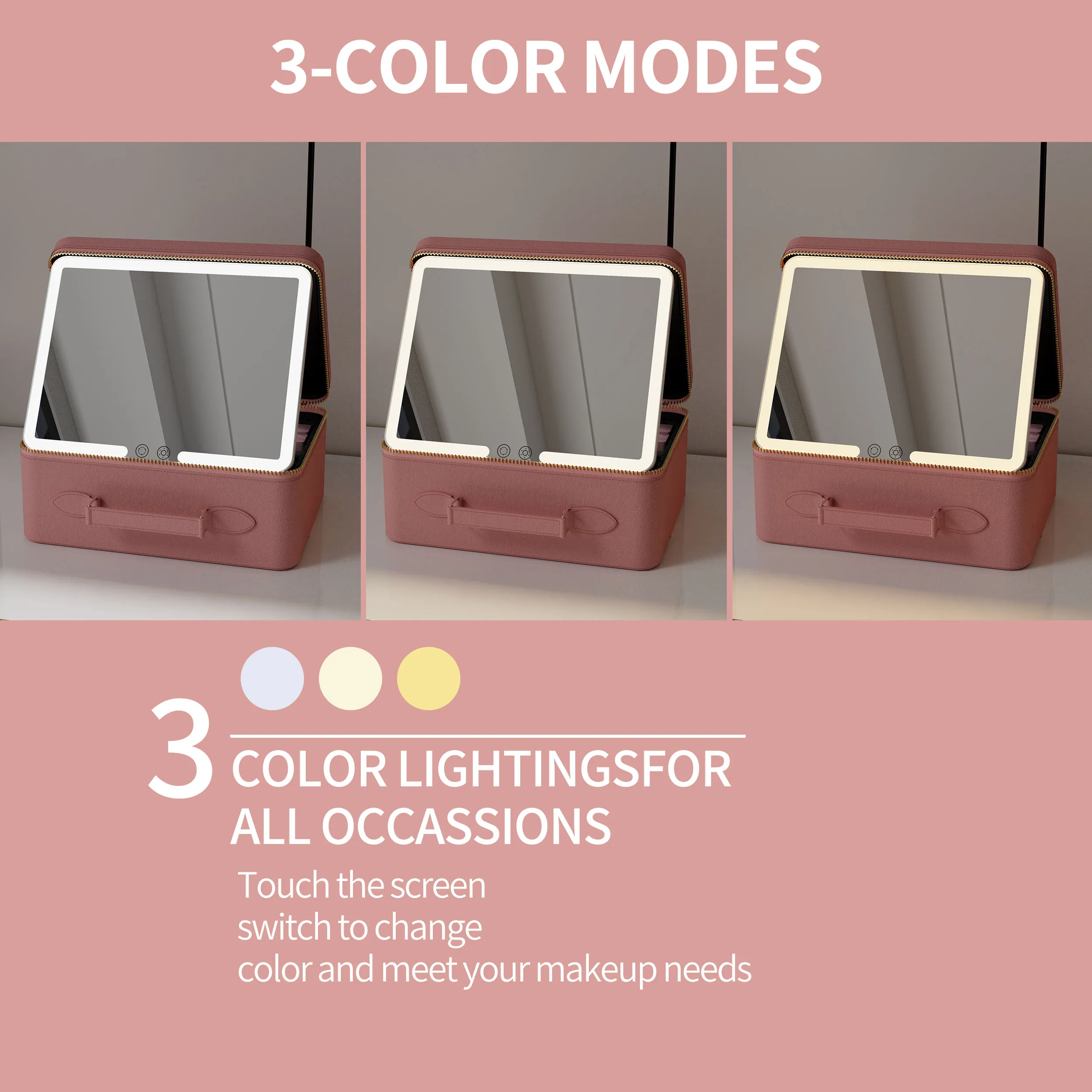 Portable Vanity Storage Box Lighted Type-C Charging Pu Leather Pink ...