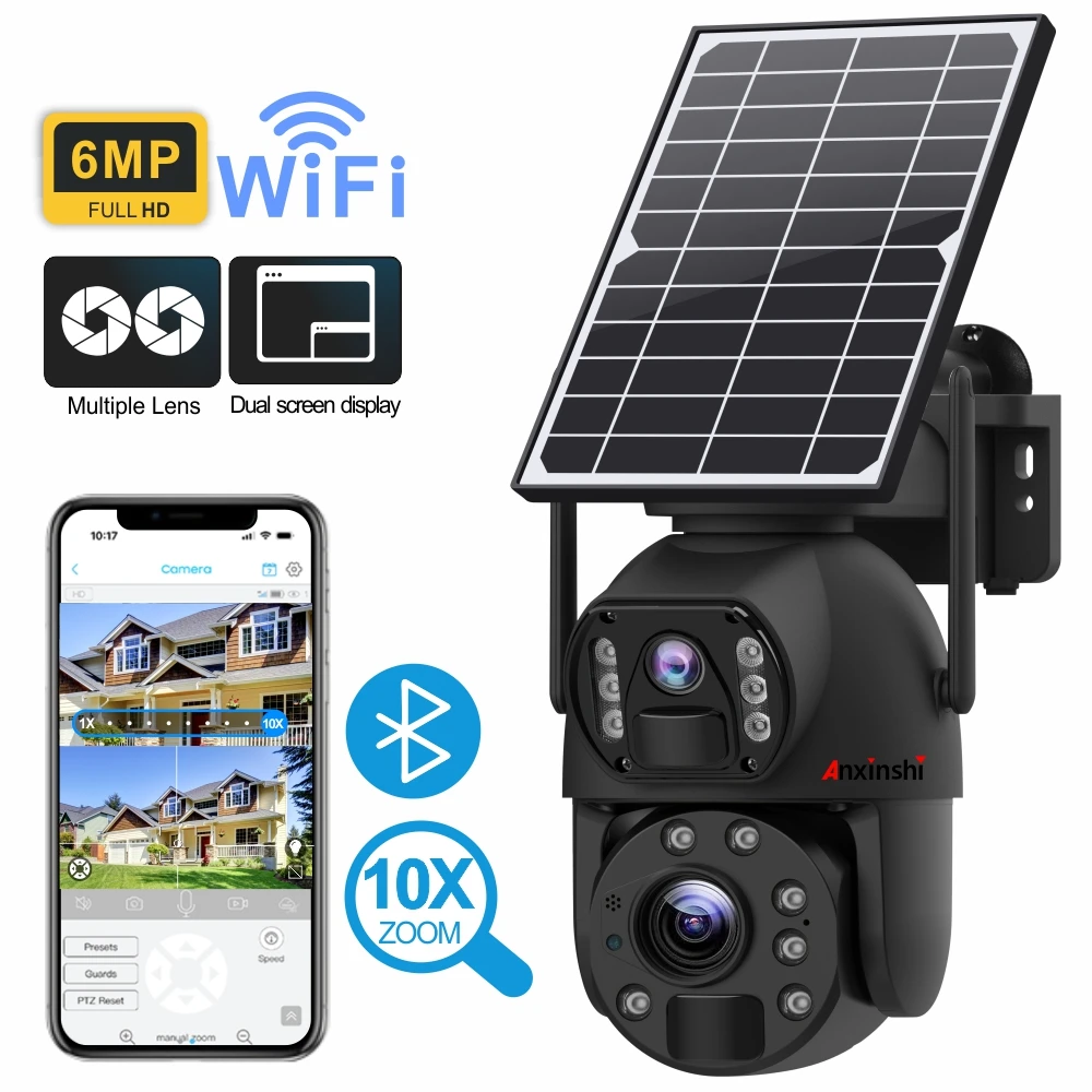 Anxinshi 10X Wireless 6MP Dual Lens Wifi Camera with Solar Battery