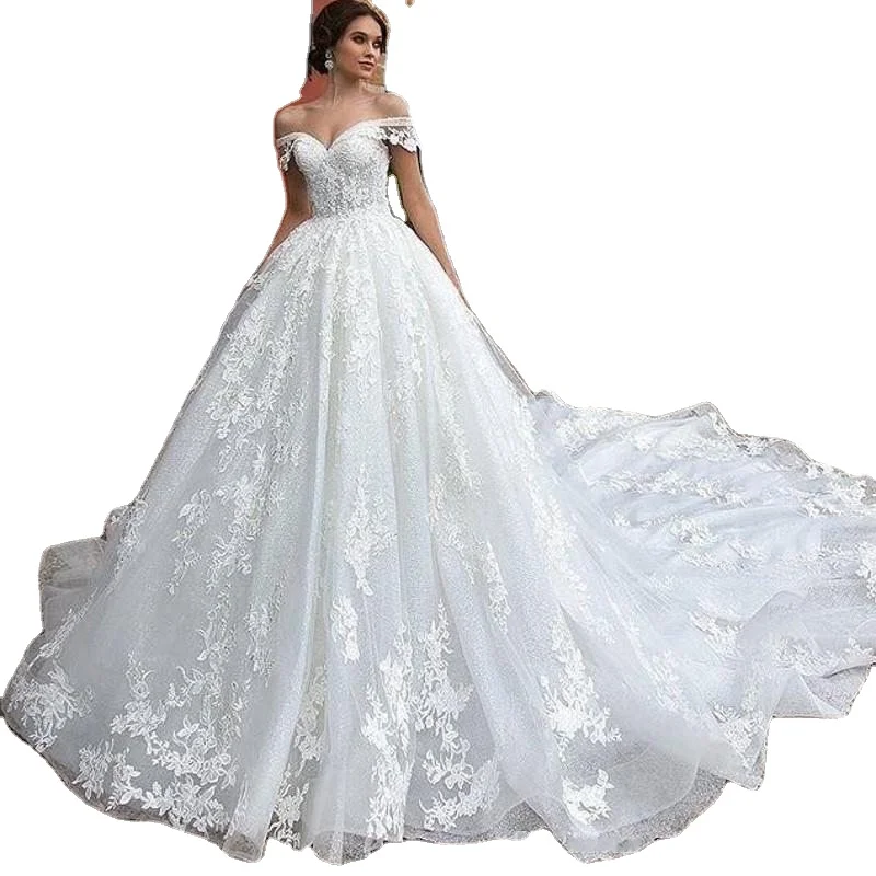 Modest Princess Off Shoulder Lace A Line Wedding Dresses Appliques ...