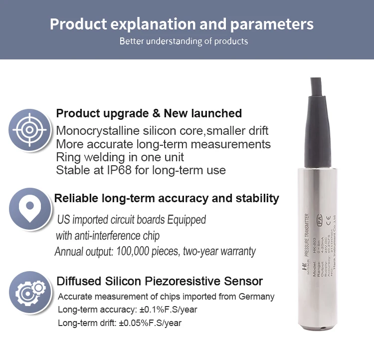 Hank 4-20mA RS485 Liquid Level Transmitter Submersible Water Diesel ...
