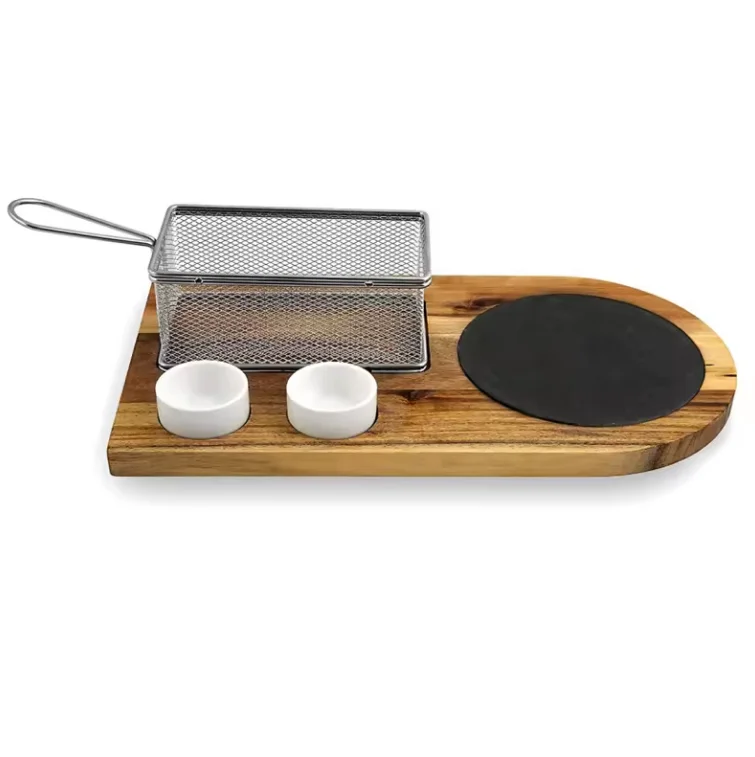 Rectangular Acacia Wood Burger Board Set with French Fry Basket and ...