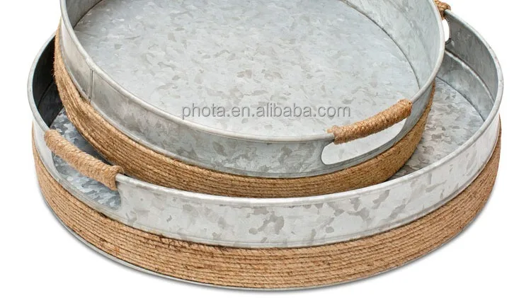 Rustic Galvanized Metal Round Serving Trays With Rope-covered Handles ...
