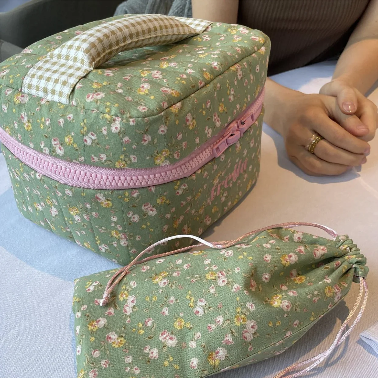 Custom Quilted Vanity Velvet Makeup Pouch - Floral Printing