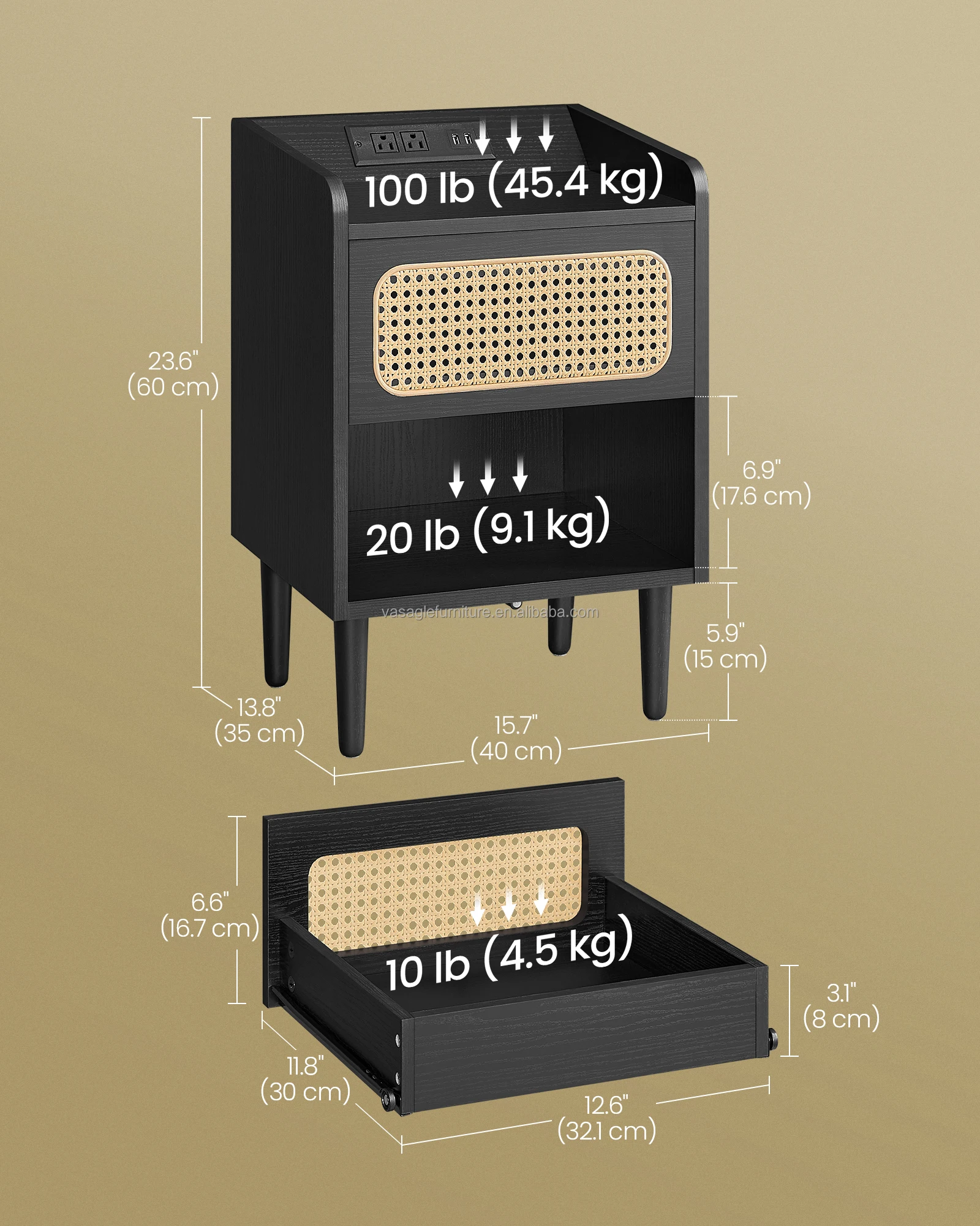 VASAGLE Modern Black Side Table - LED Bedside Light Rattan