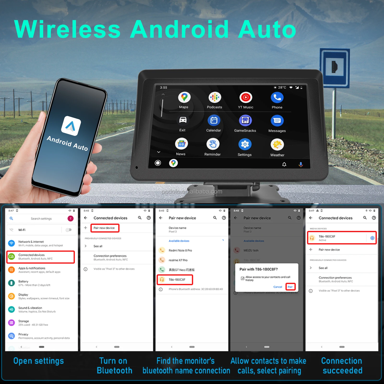 Podofo Portable Wireless Carplay & Android Auto Car Radio Autoestereo 7 ...