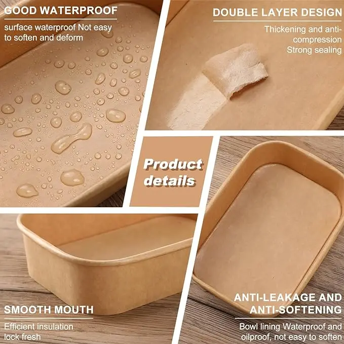 Eco Friendly Brown Kraft Paper Rectangle Bowl Disposable To Go Square ...