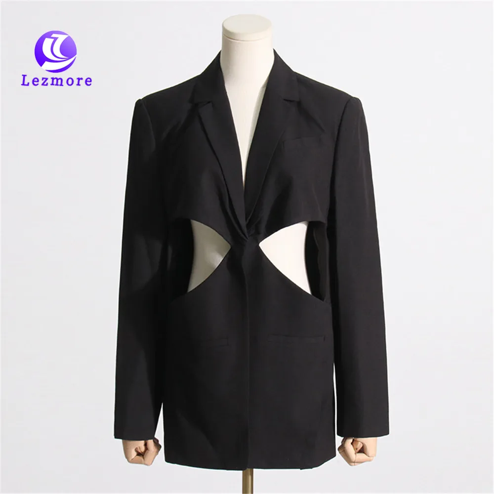 Women Hollow Out Expose Waist Blazer Office Lined Single Breasted Slim ...