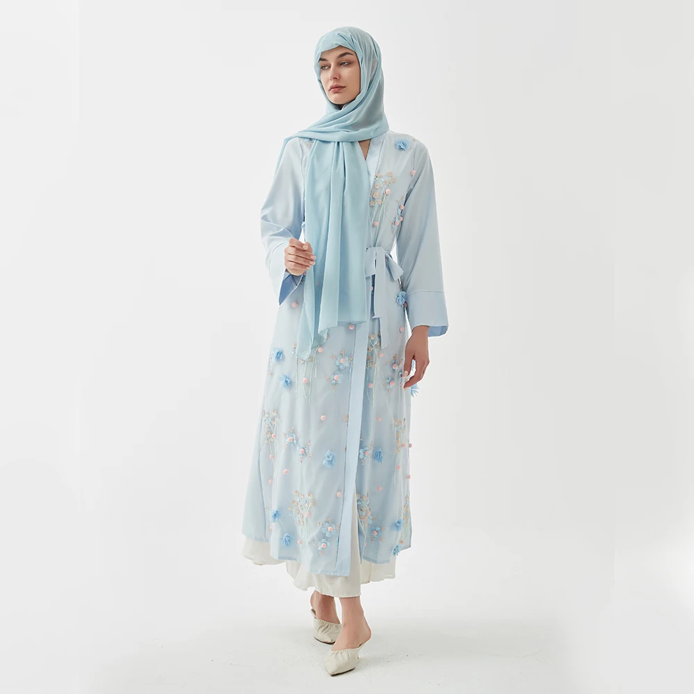 2024 Angel Blue Floral Abaya With Spandex Women's Modern Islamic Lace ...